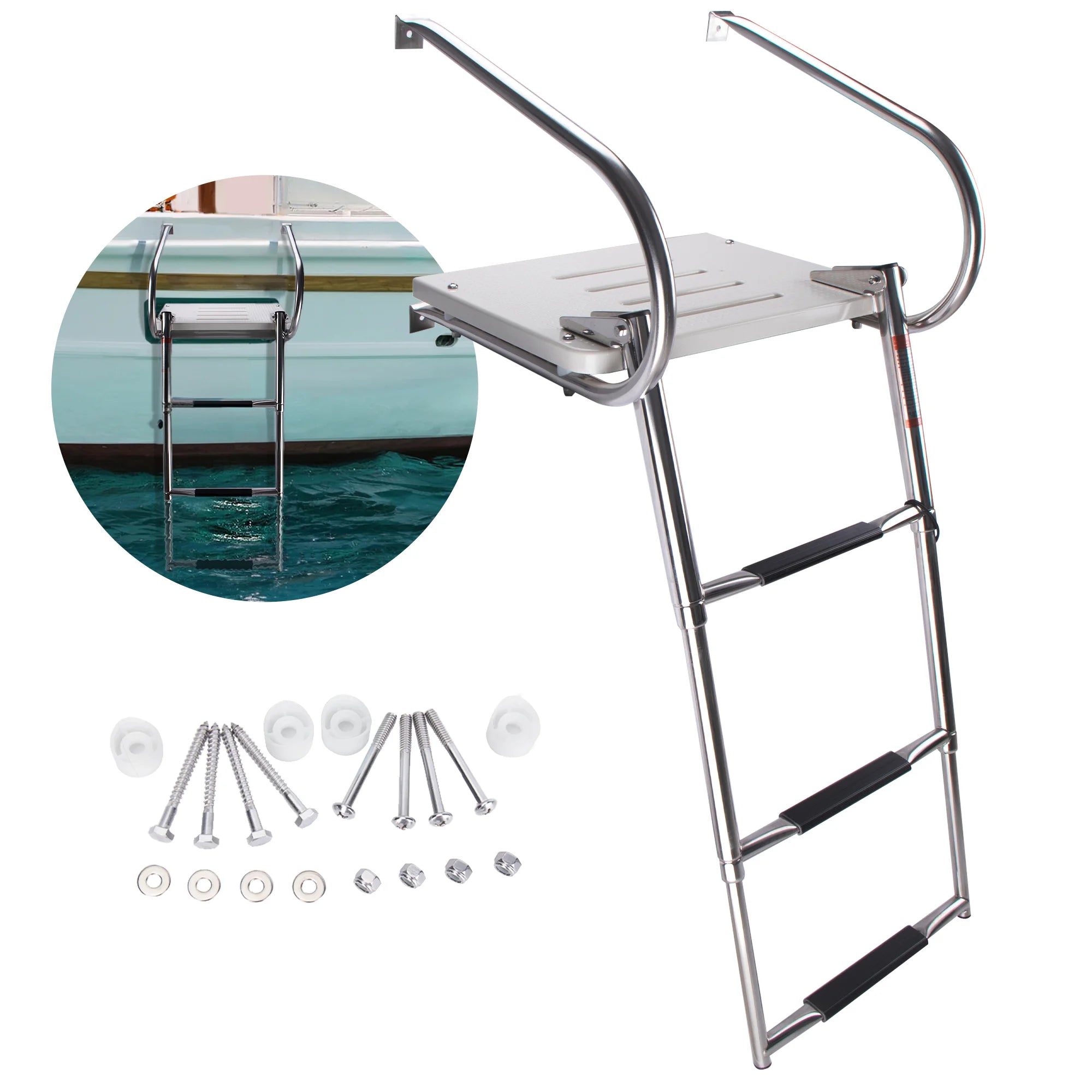 Folding Boat Ladder 3-Step with Anti-slip Step and Reinforced Handrail ...